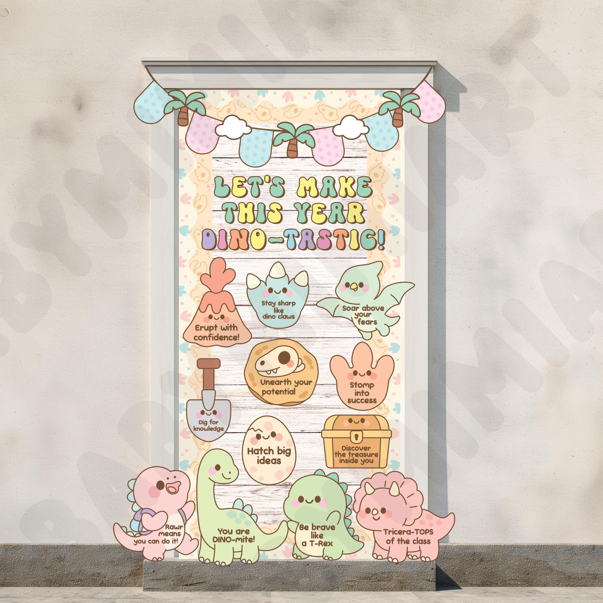 Back to School Dinosaur Bulletin Board, Motivation August Door Decor ...