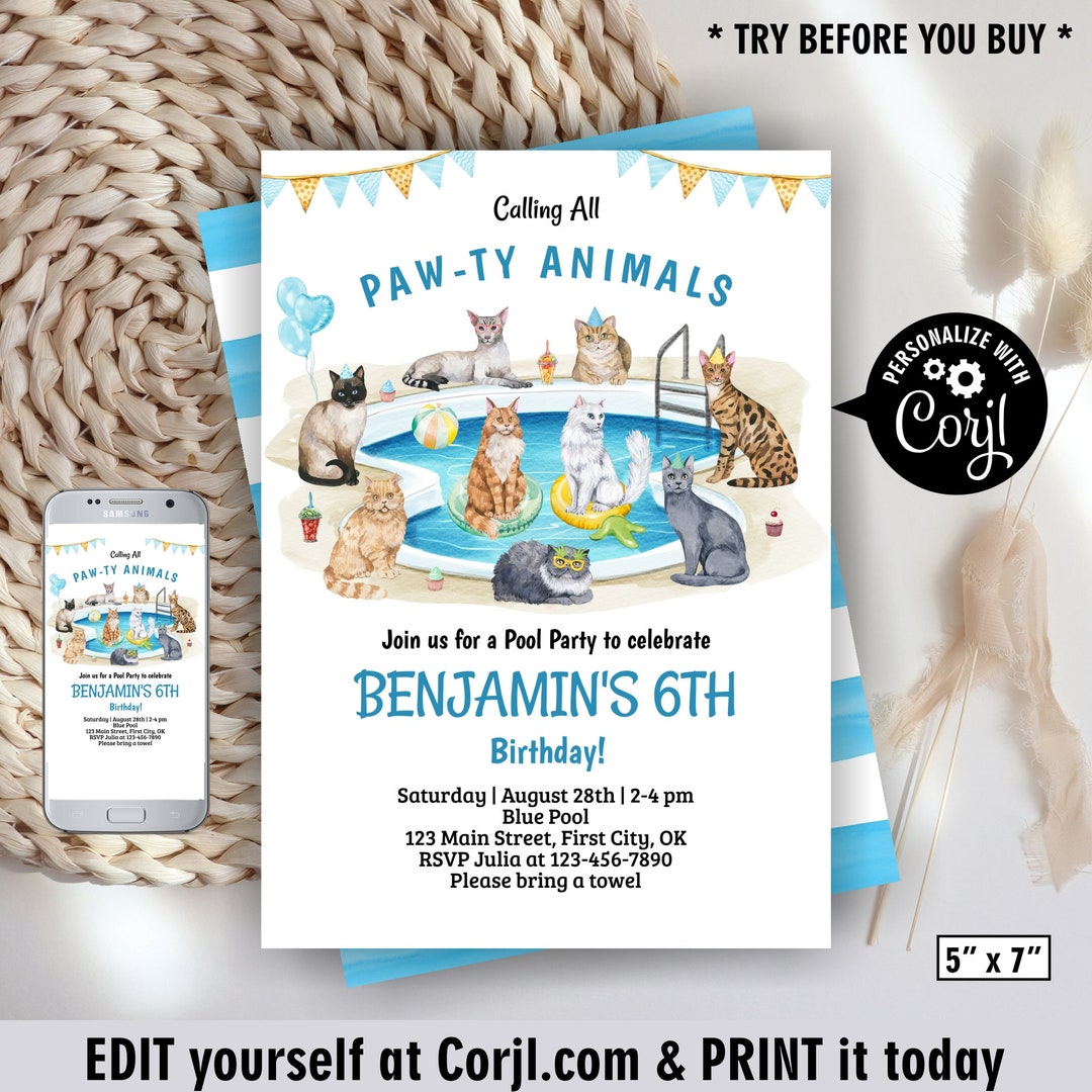 Cat / Pool Party / Pool Paw-ty / Birthday Invitation / Editable ...