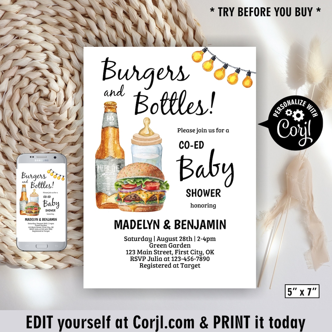 Baby / Shower / EDITABLE / Invitation / Co-ed / BBQ / Burgers Beers and ...