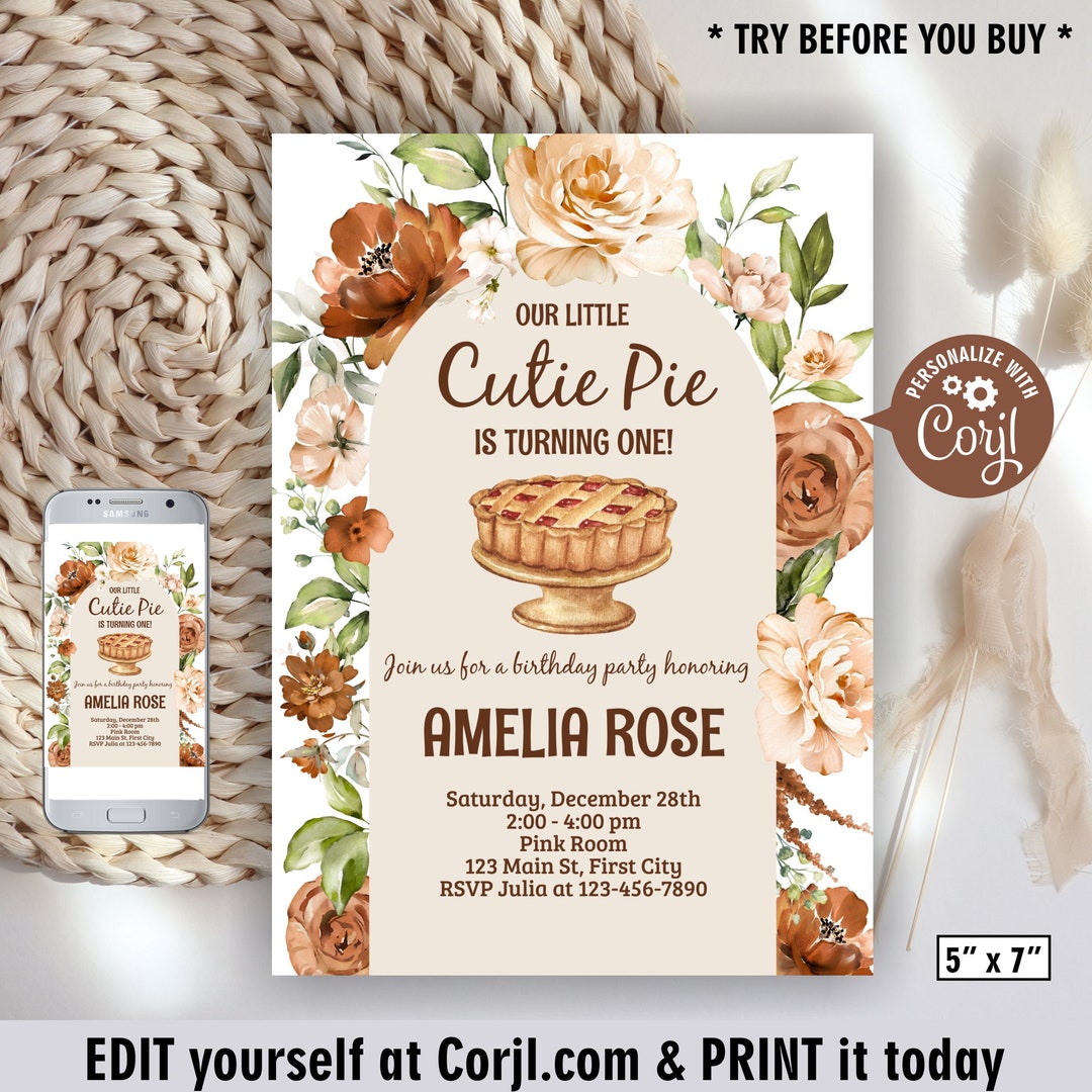 Cutie Pie / Birthday Invitation / One / Any Age / Invite / Girl / Party ...