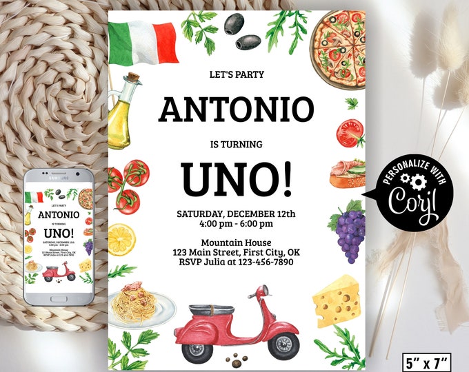 Italian / Birthday Party Invitation / Uno / Italy / Vespa Food Pizza ...