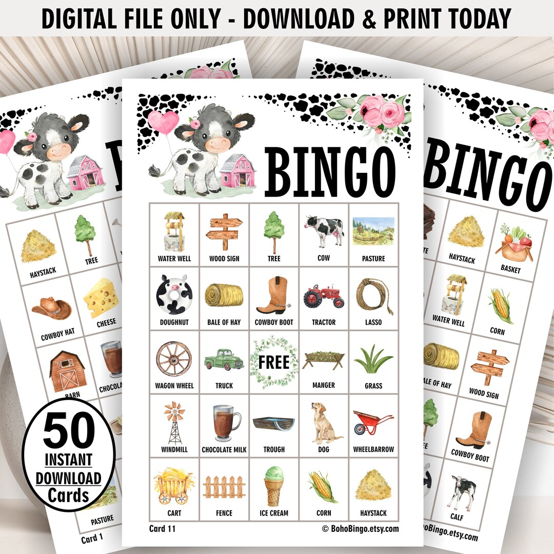 Prefilled / 50 Files / Cow / Bingo Cards / Baby Shower / Farm Animals ...