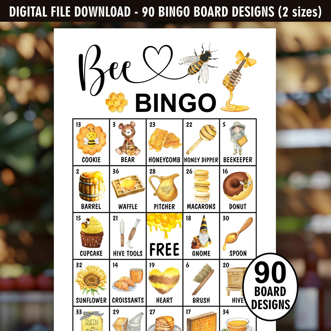 Sweet Bee Bingo Game / 90 DIGITAL FILES Bingo Boards Designs / Baby ...
