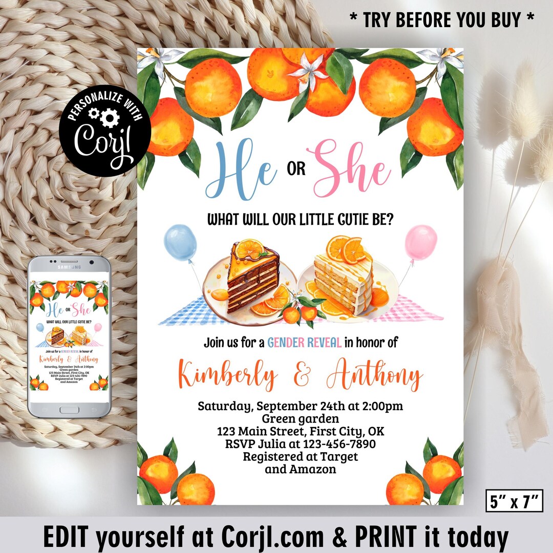 Orange Gender Reveal Party Invitation A Little Cutie is on the Way ...