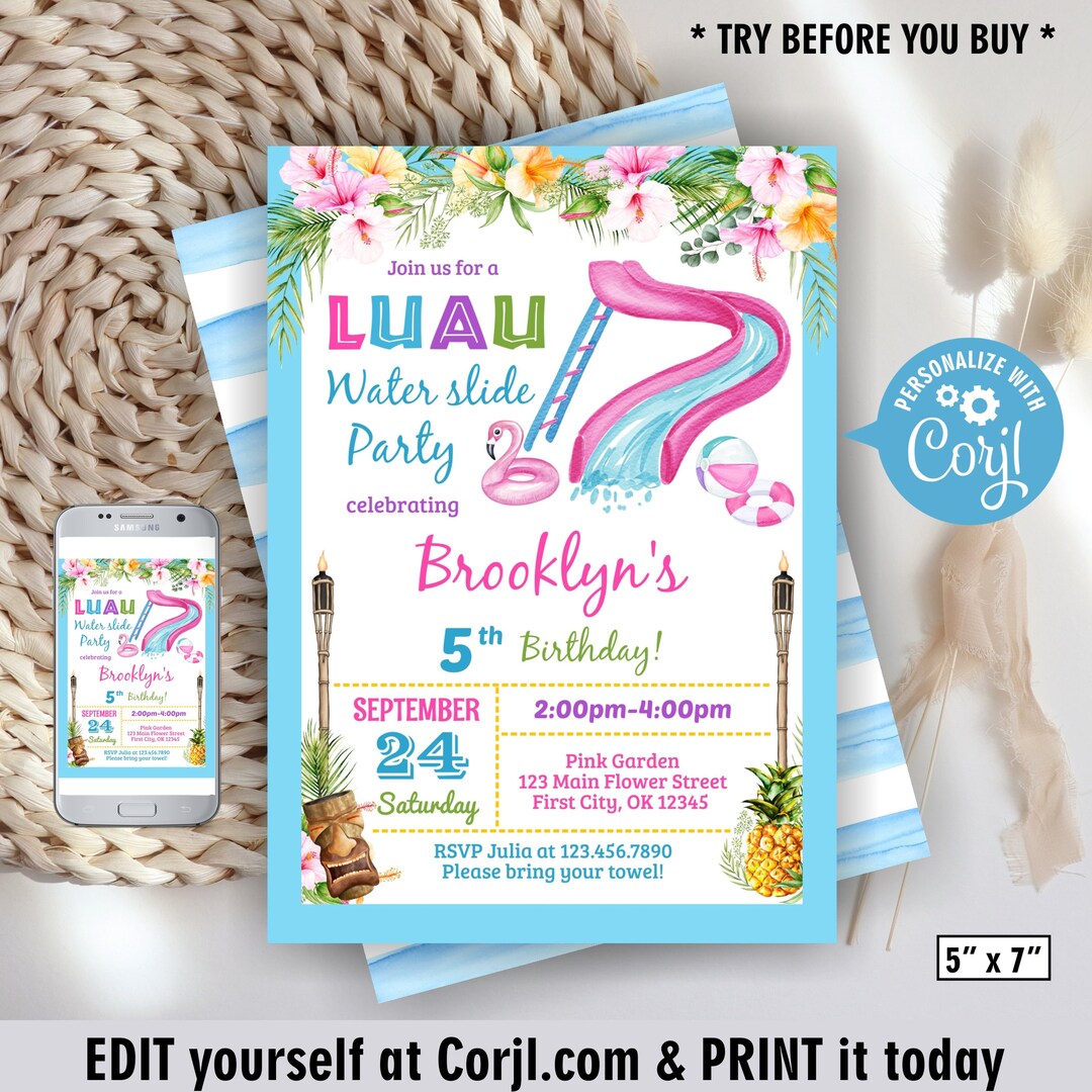 Waterslide / Pink / Water Slide / Birthday Invitation / Flamingo ...