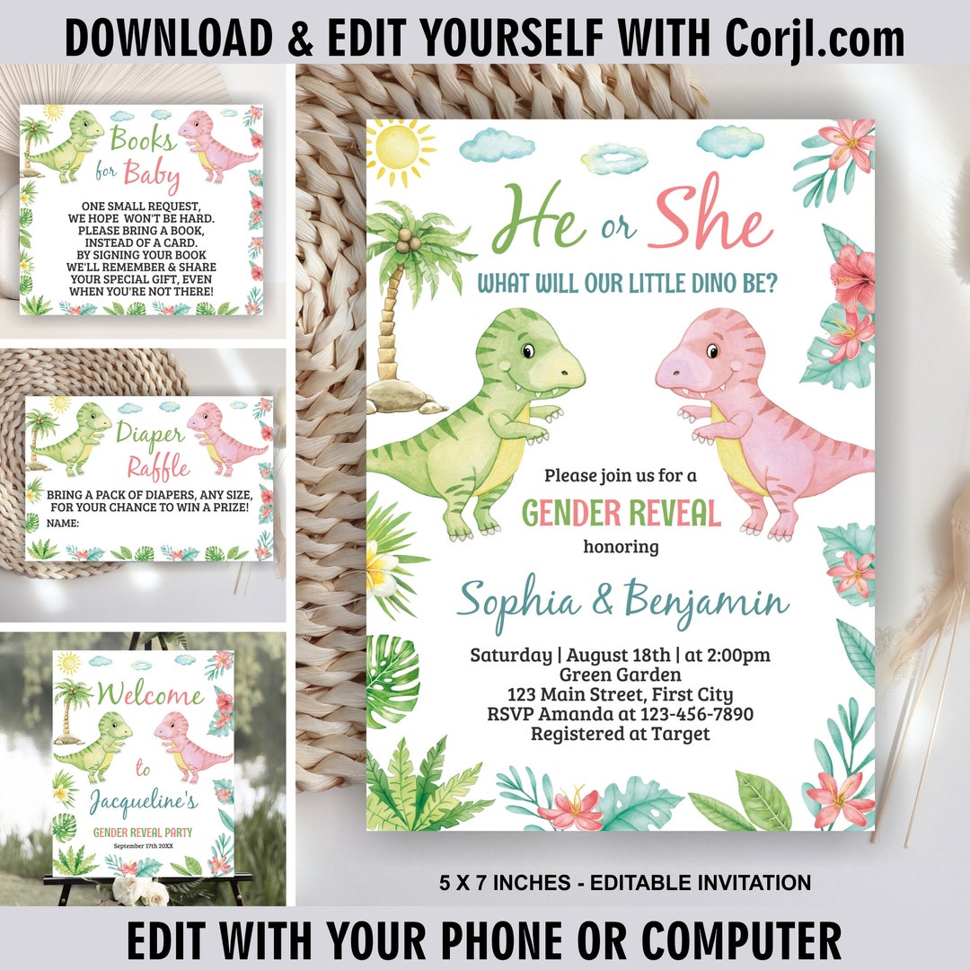 Dinosaur / Gender Reveal / Boy Girl / Dino / Baby Shower / Invitation ...