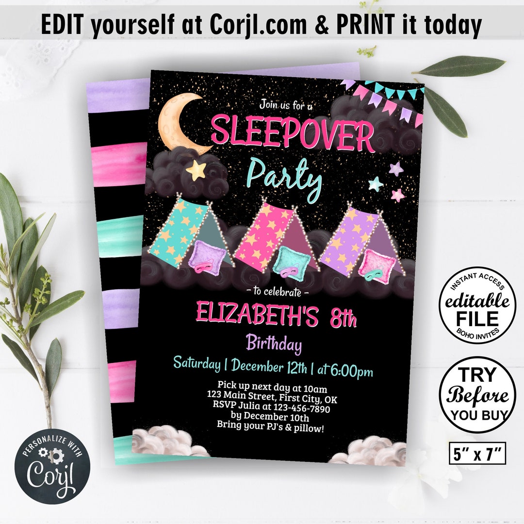 Sleepover / Birthday Invitation Slumber Party Glamping Invite Moon Star ...