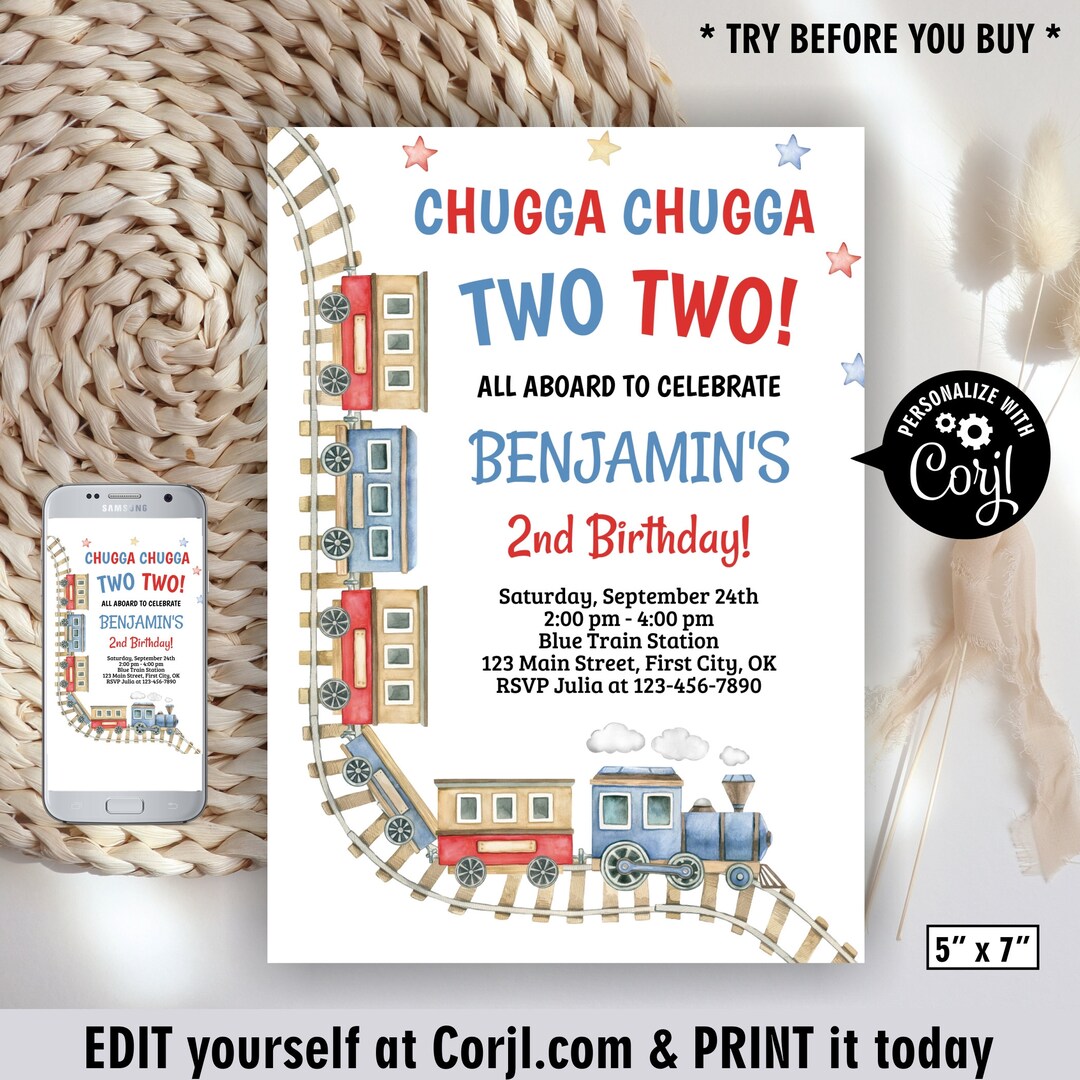 Two / Train Birthday Invitation / Red and Blue / Train / Chugga / Choo ...