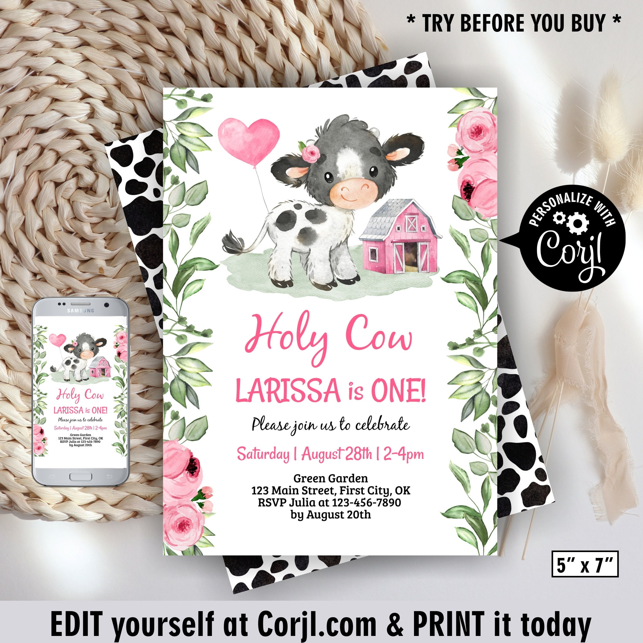 Cow / Birthday Invitation / Farm Animals / Pink Floral Flowers / Girl ...