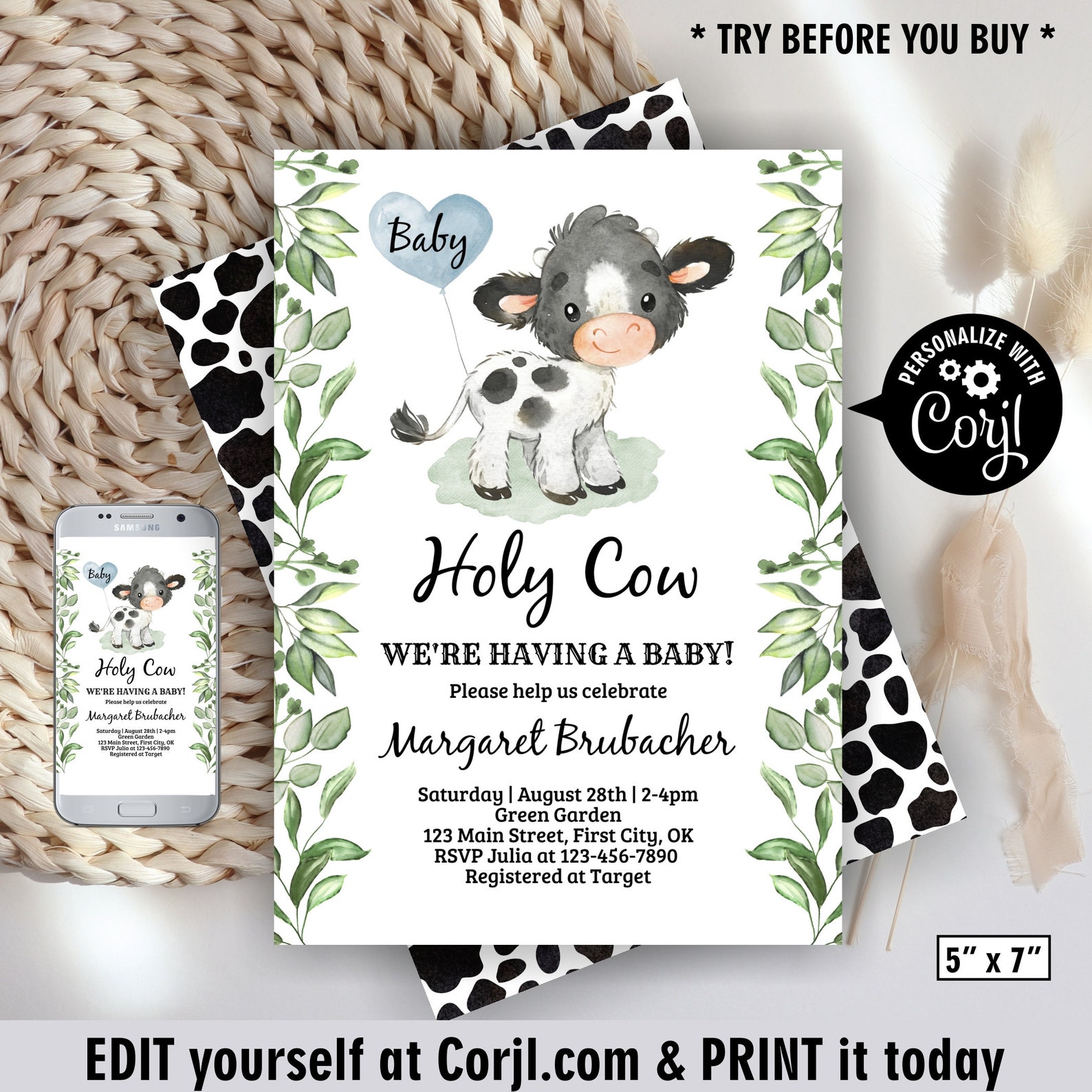 Cow / Baby Shower / Invitation / Farm Animals / Boy / Invite / Editable ...