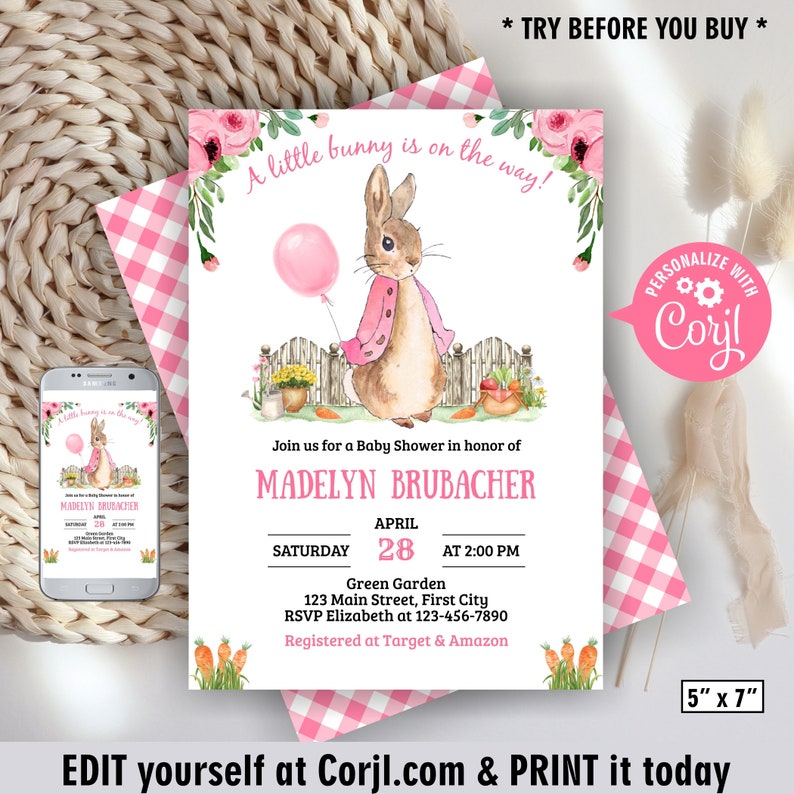 Peter Rabbit / Pink / Baby Shower Invitation / Floral / - Etsy
