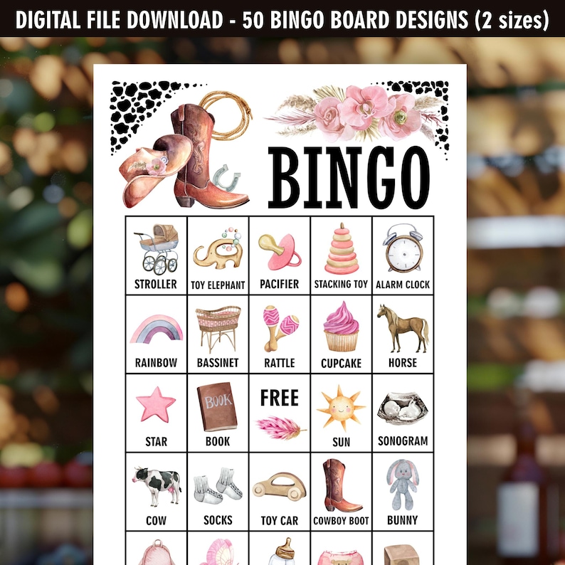 Cowgirl / Prefilled 50 / Bingo Cards / Horse / Baby Shower / Game Farm ...