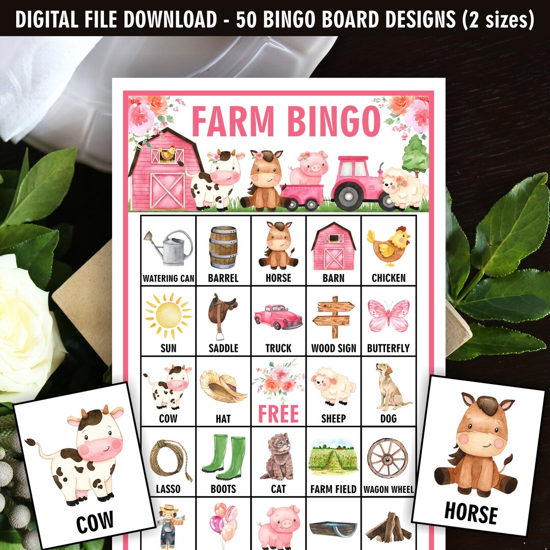 Pink Farm / Prefilled / 50 DIGITAL FILES Bingo Boards / Farm Animals ...