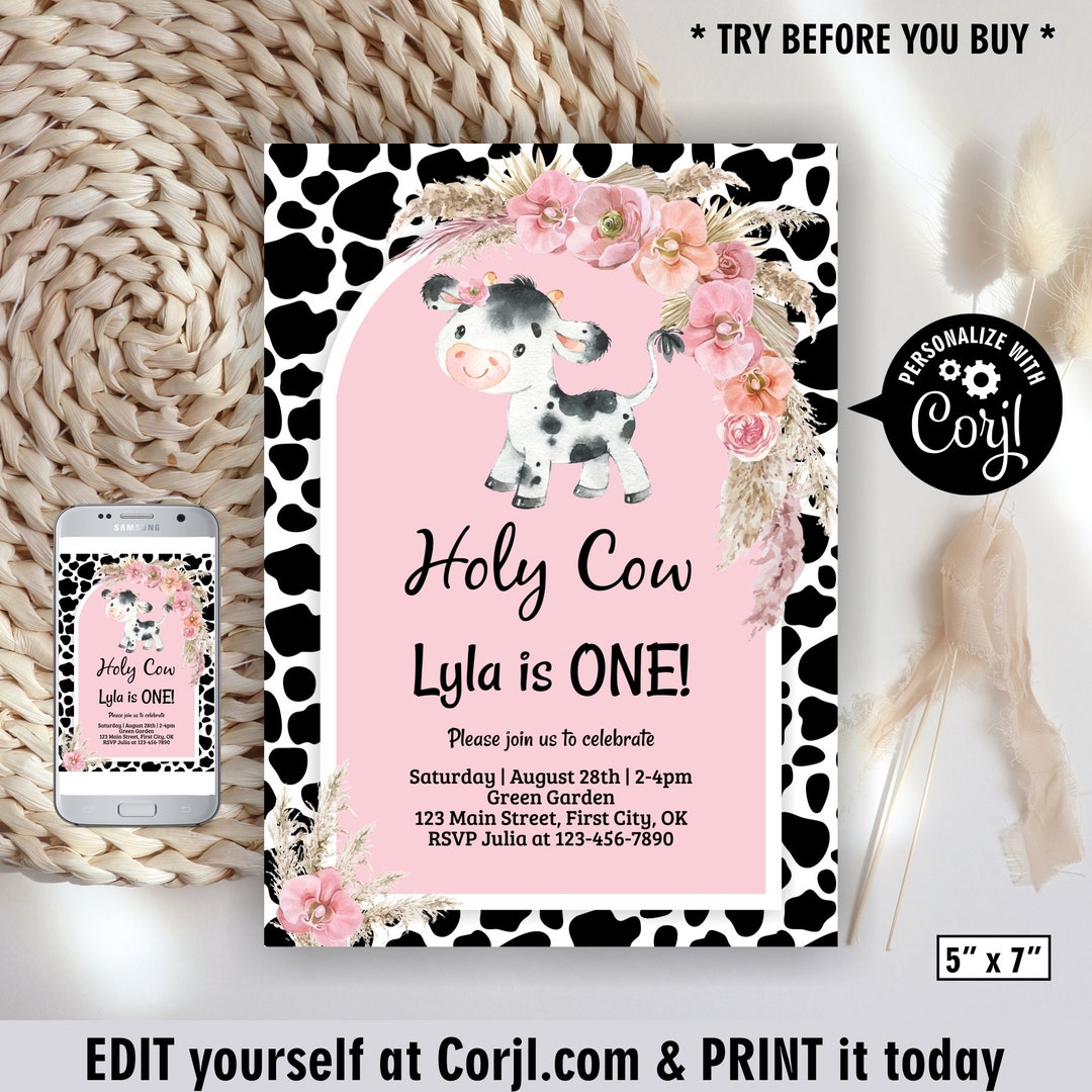 Cow / Birthday Invitation / Boho Invite / Farm Animals / Pink Floral ...