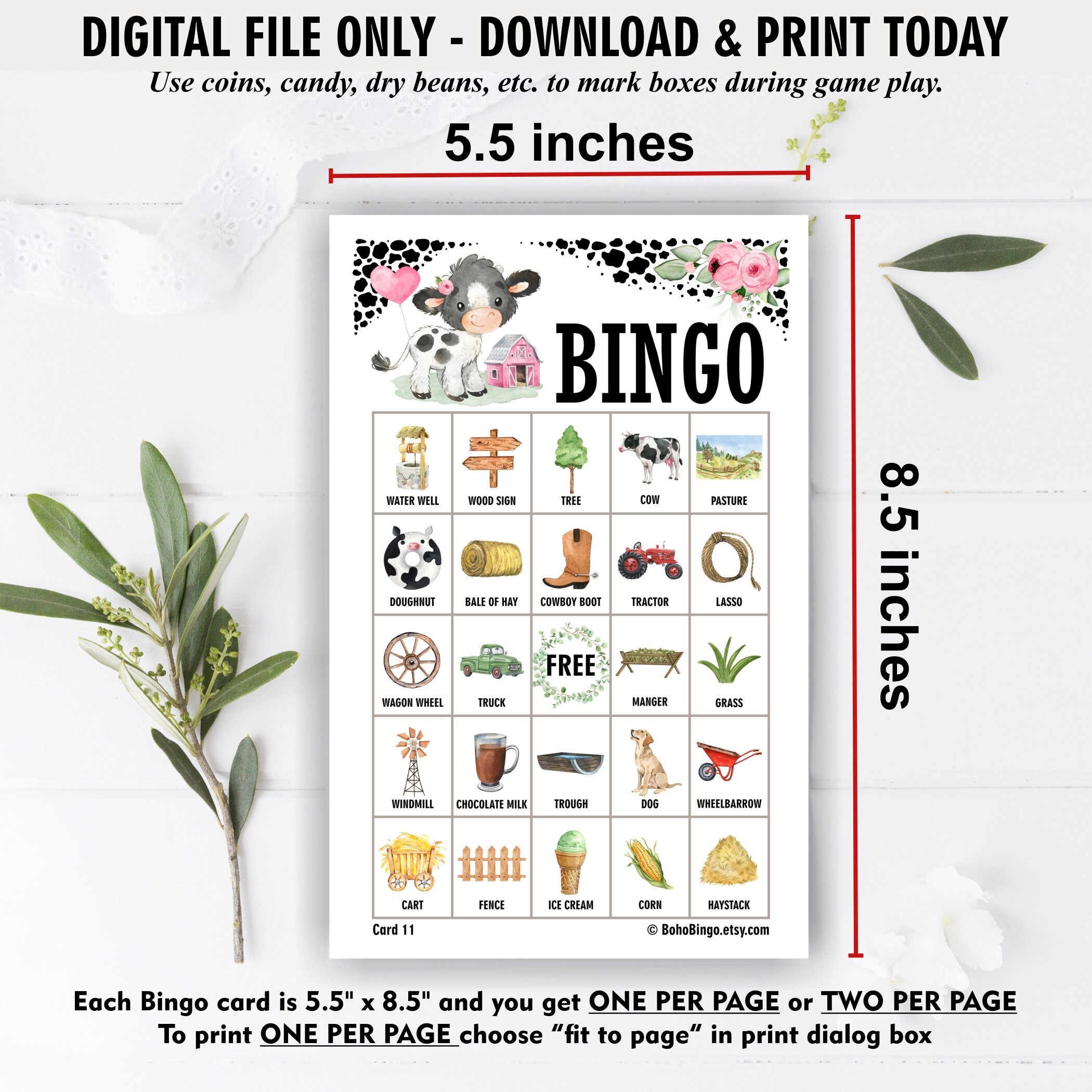 Prefilled / 50 cards / Cow / Bingo Cards / baby shower / farm - Etsy España