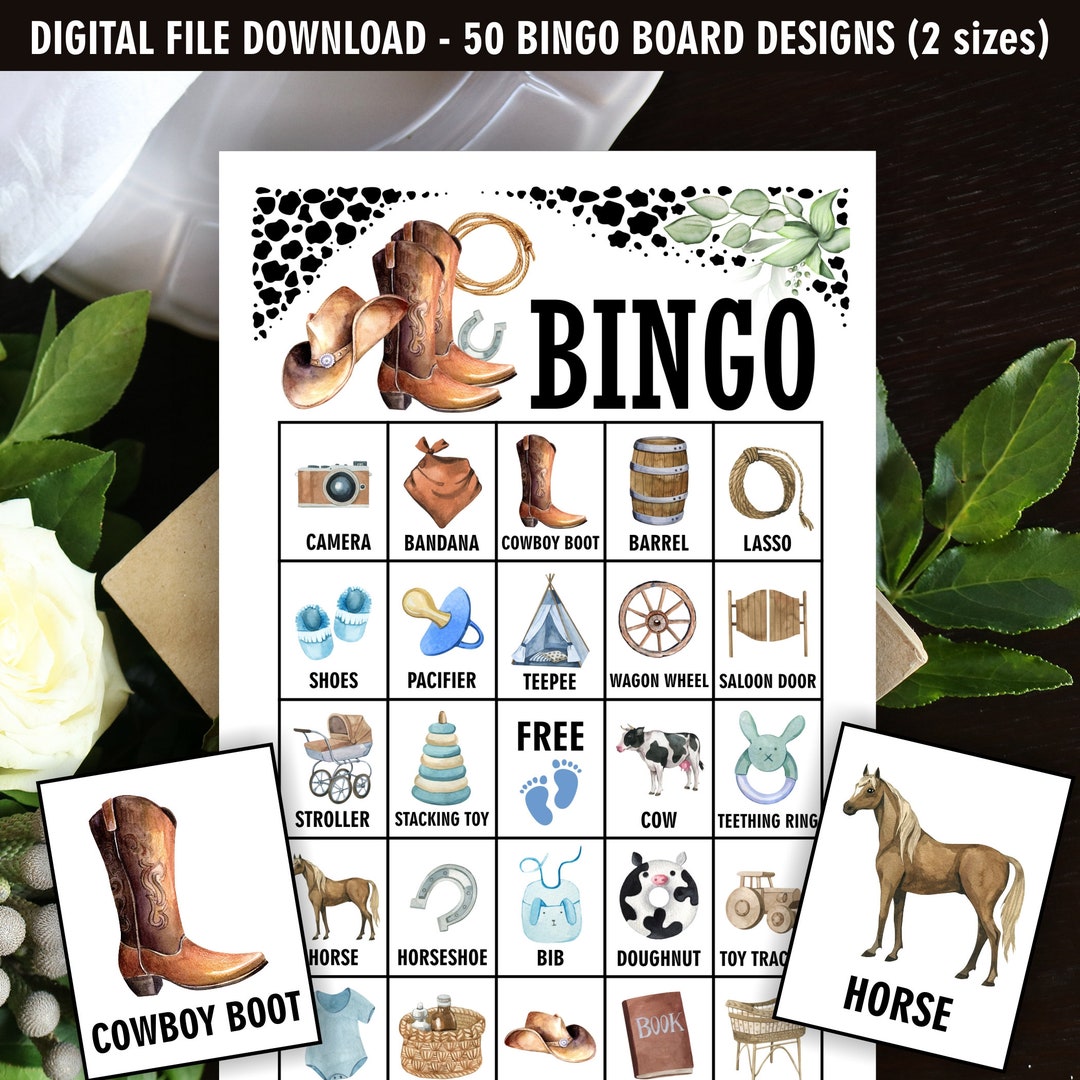 Prefilled 50 / Cowboy / Bingo Cards / Horse / Baby Shower / Game Farm ...