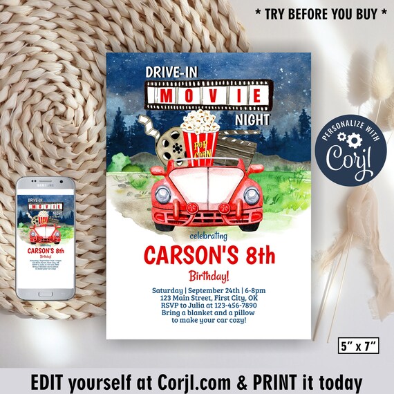 Movie / Drive in / Boy / Birthday / Invitation / Party / Car / - Etsy
