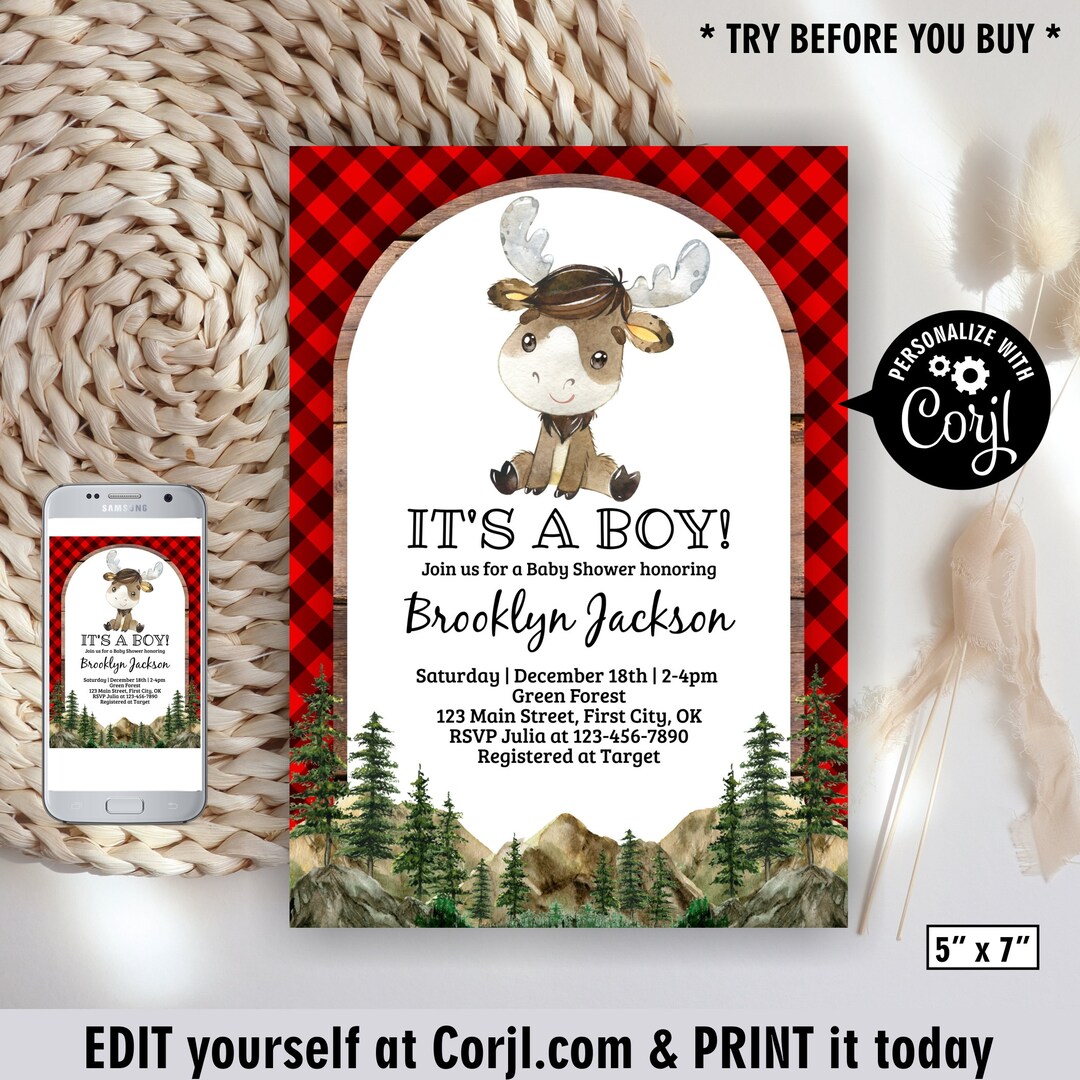 Moose / Baby Shower Invitation / Red Buffalo Plaid Invite / Boho ...