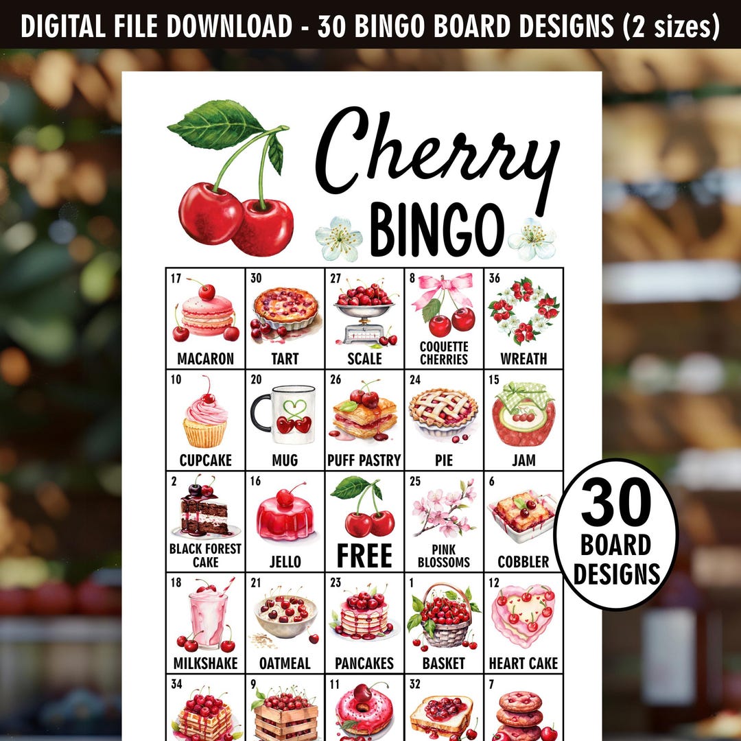 Cherry Bingo Game / 30 DIGITAL FILES Bingo Boards Designs / Bridal Shower / Baby Shower ...