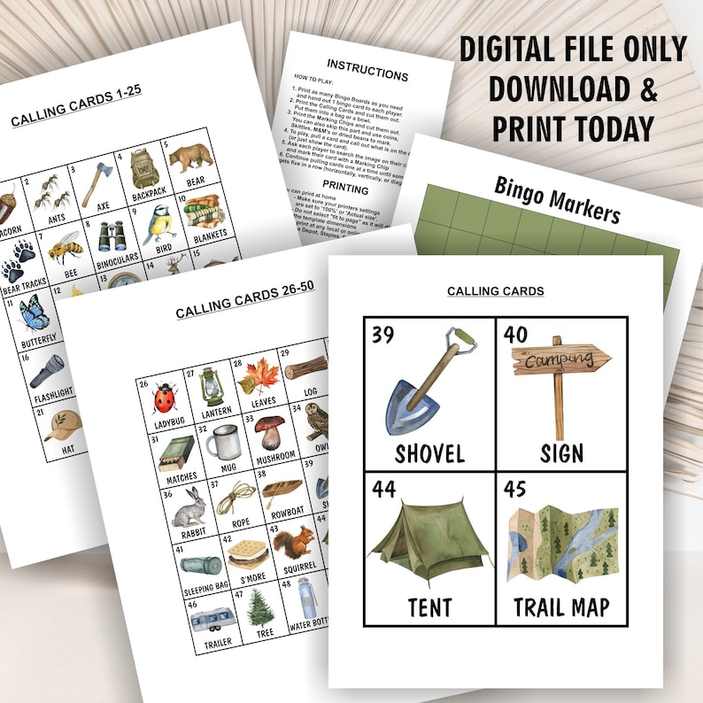 Camping Bingo / 30 DIGITAL FILES Bingo Boards Designs / Camping Game ...