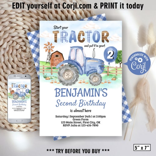 Blue Tractor Birthday Invitation Farm Birthday Invitation - Etsy