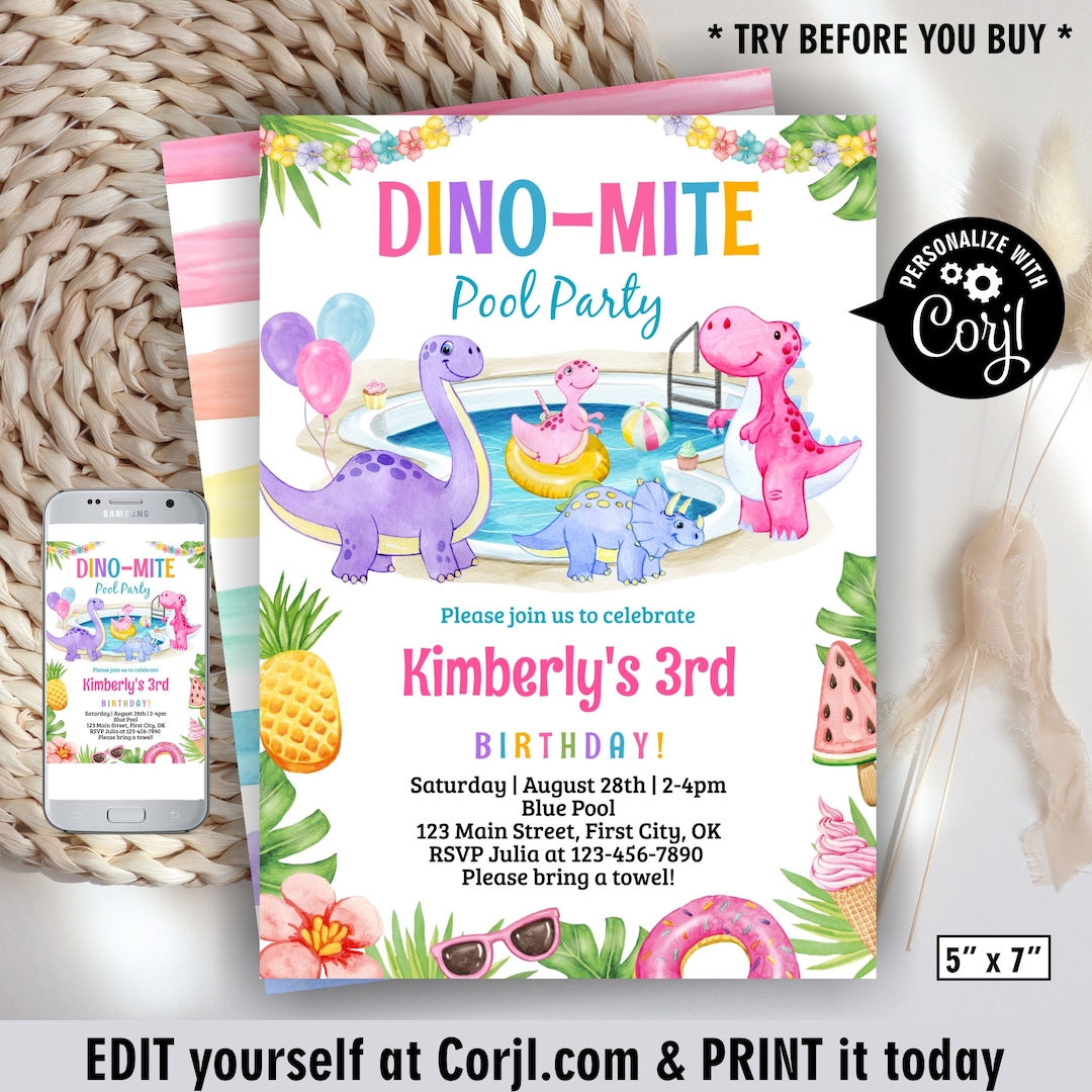 Dinosaur / Birthday / Invitation / Pool / Party / Dino / Wild / Jungle ...
