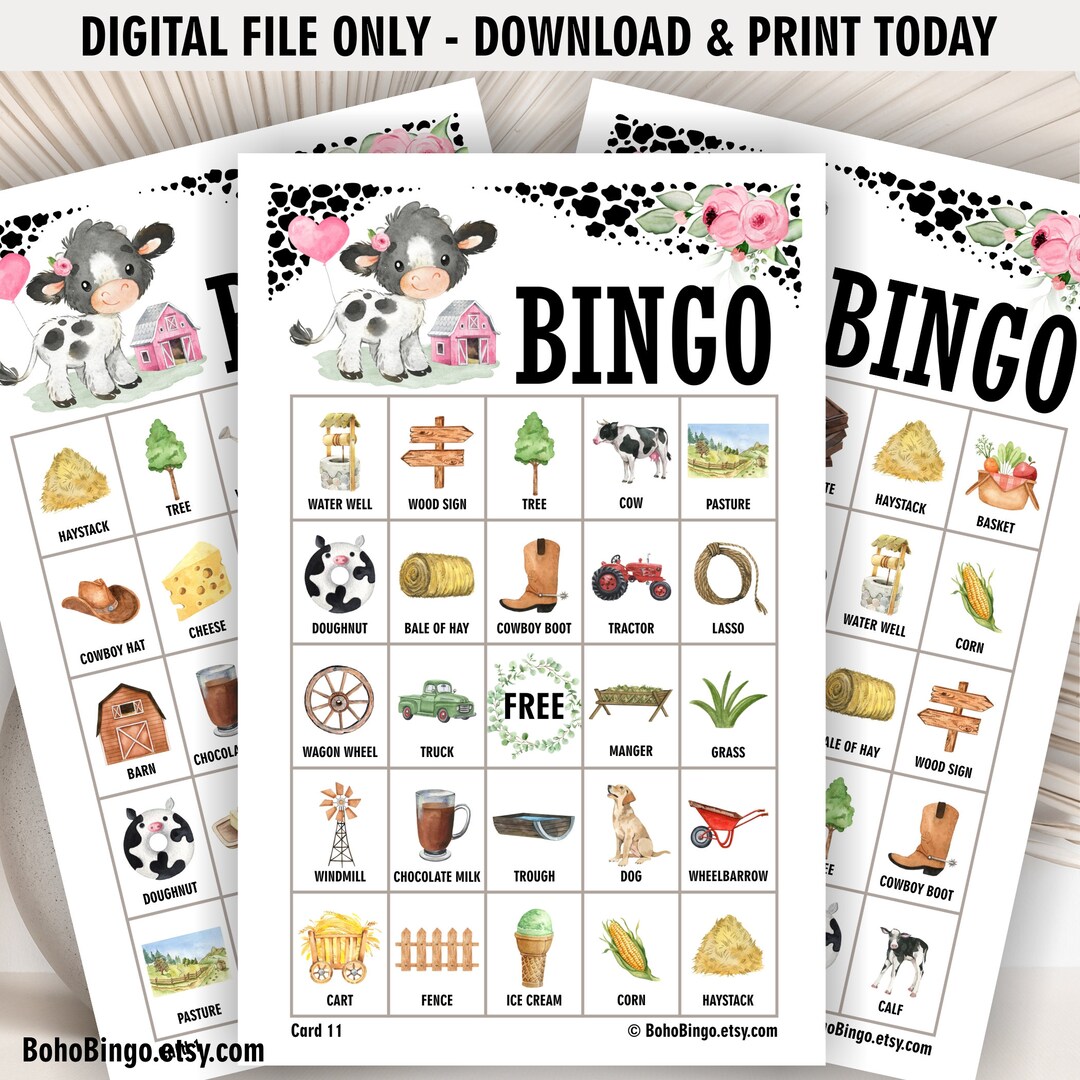 Prefilled / 50 cards / Cow / Bingo Cards / baby shower / farm - Etsy España