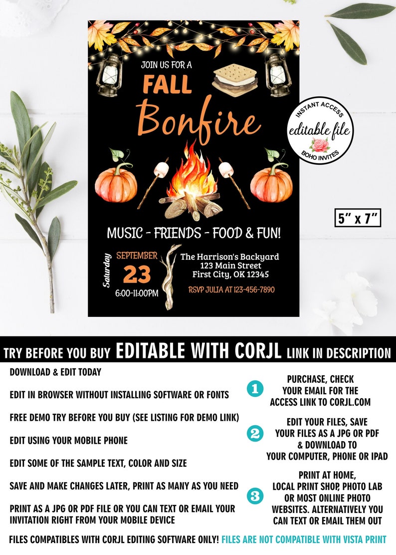 Bonfire / Fall / S'mores / Editable / BBQ / Picnic / | Etsy