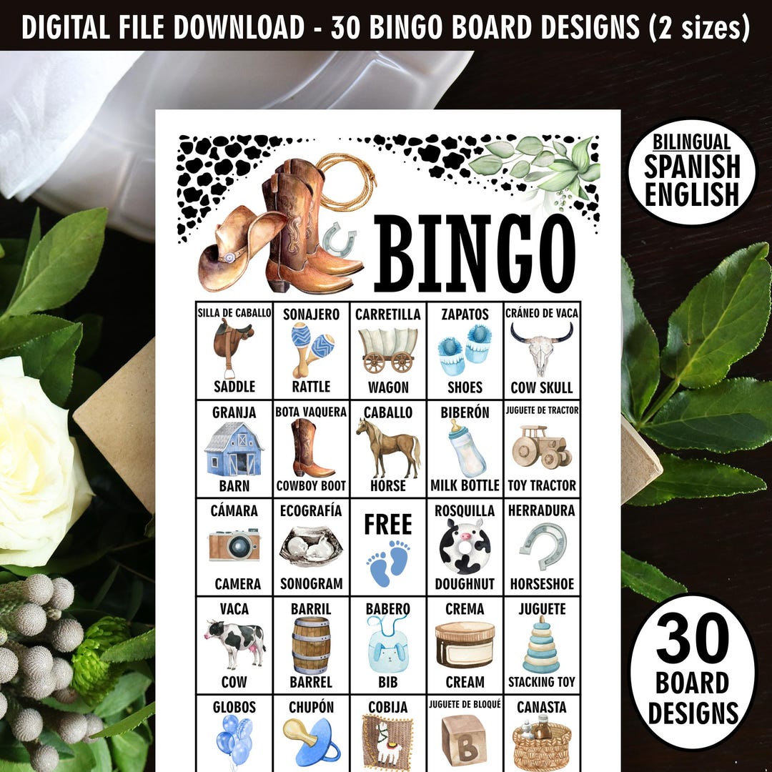 Bilingual / Spanish English / Prefilled 30 Cowboy Bingo Cards / Horse ...