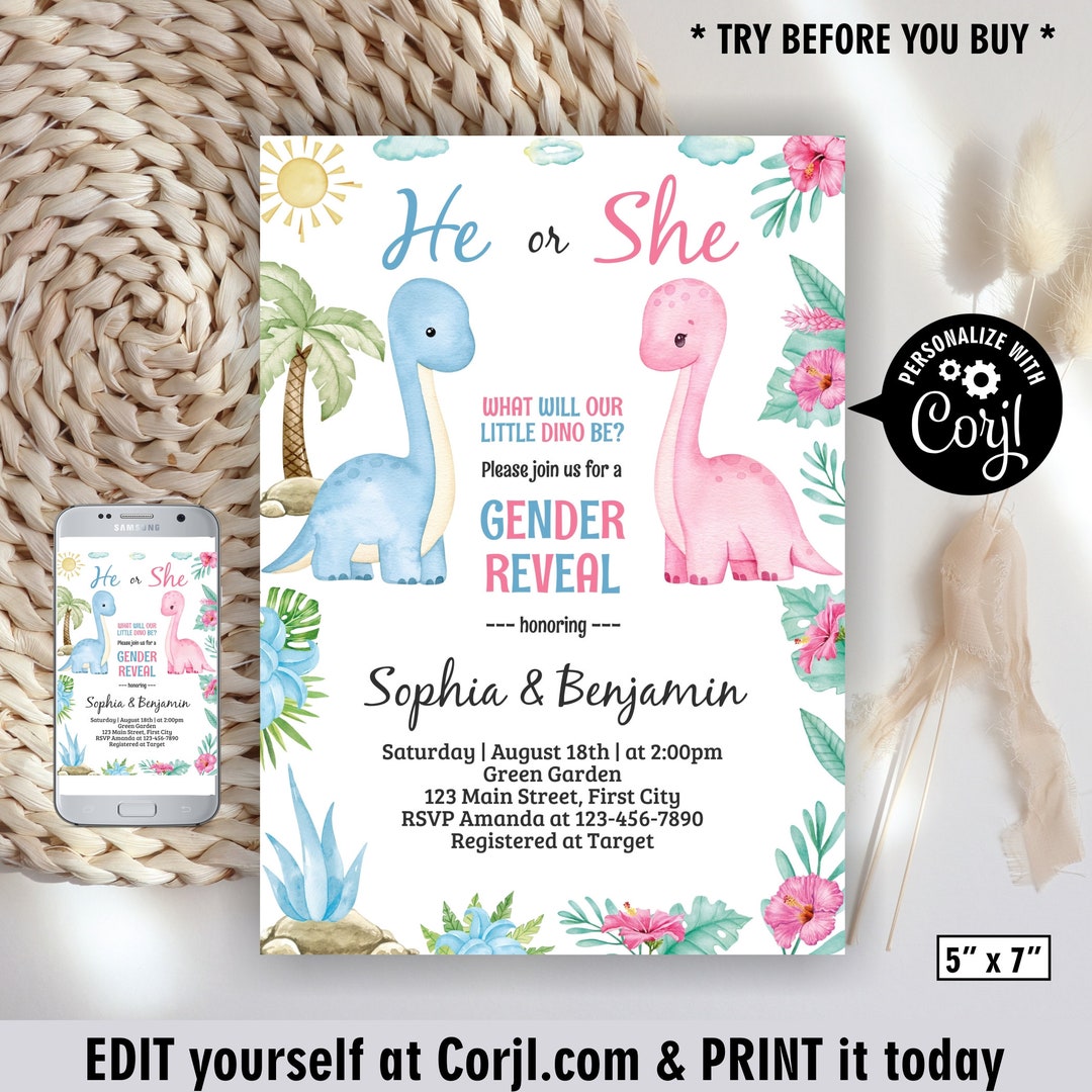 Dinosaur / Pink Blue / Gender Reveal / Boy Girl / Dino / Baby Shower ...