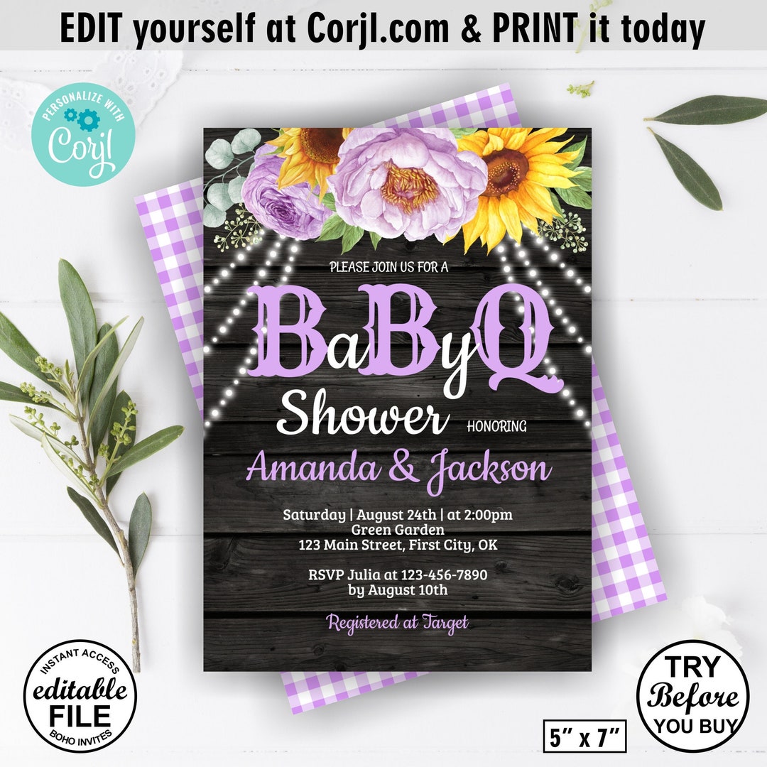 Purple / BBQ / Babyq / Baby / Shower / Invitation / Instant Access ...