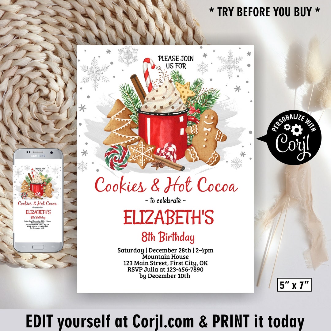 Cookies & Hot Cocoa / Birthday Invitation / Party / Invite / Chocolate ...