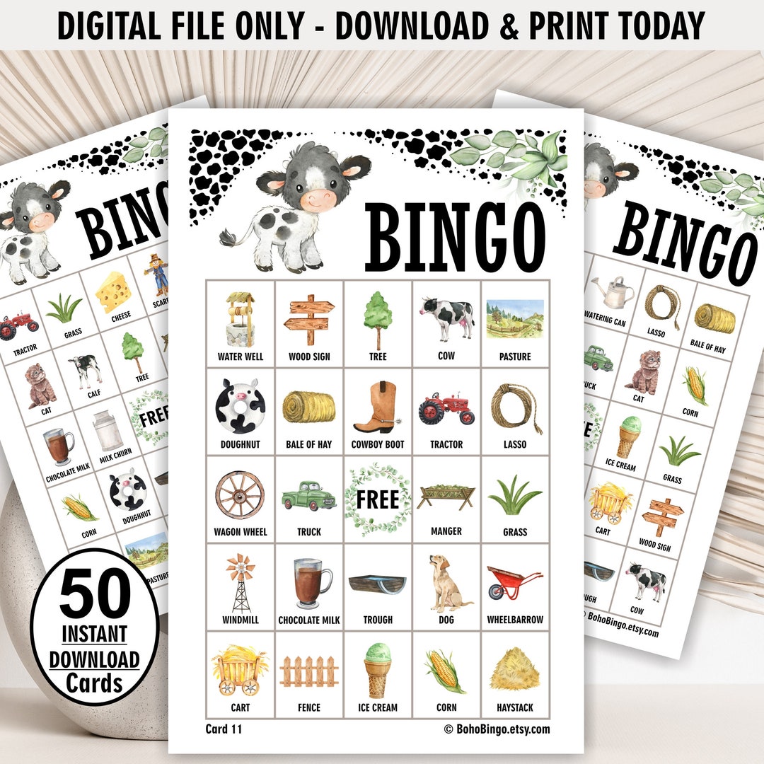 Prefilled / Cow / Bingo Cards / 50 Files / Farm Animals / Birthday Baby ...