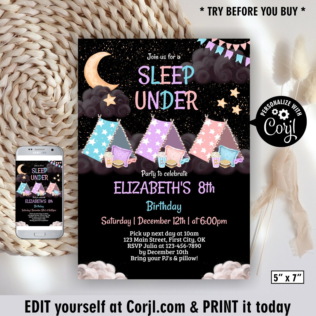 Sleep Under Purple Peach Pink Blue Sleepover Birthday Invitation ...