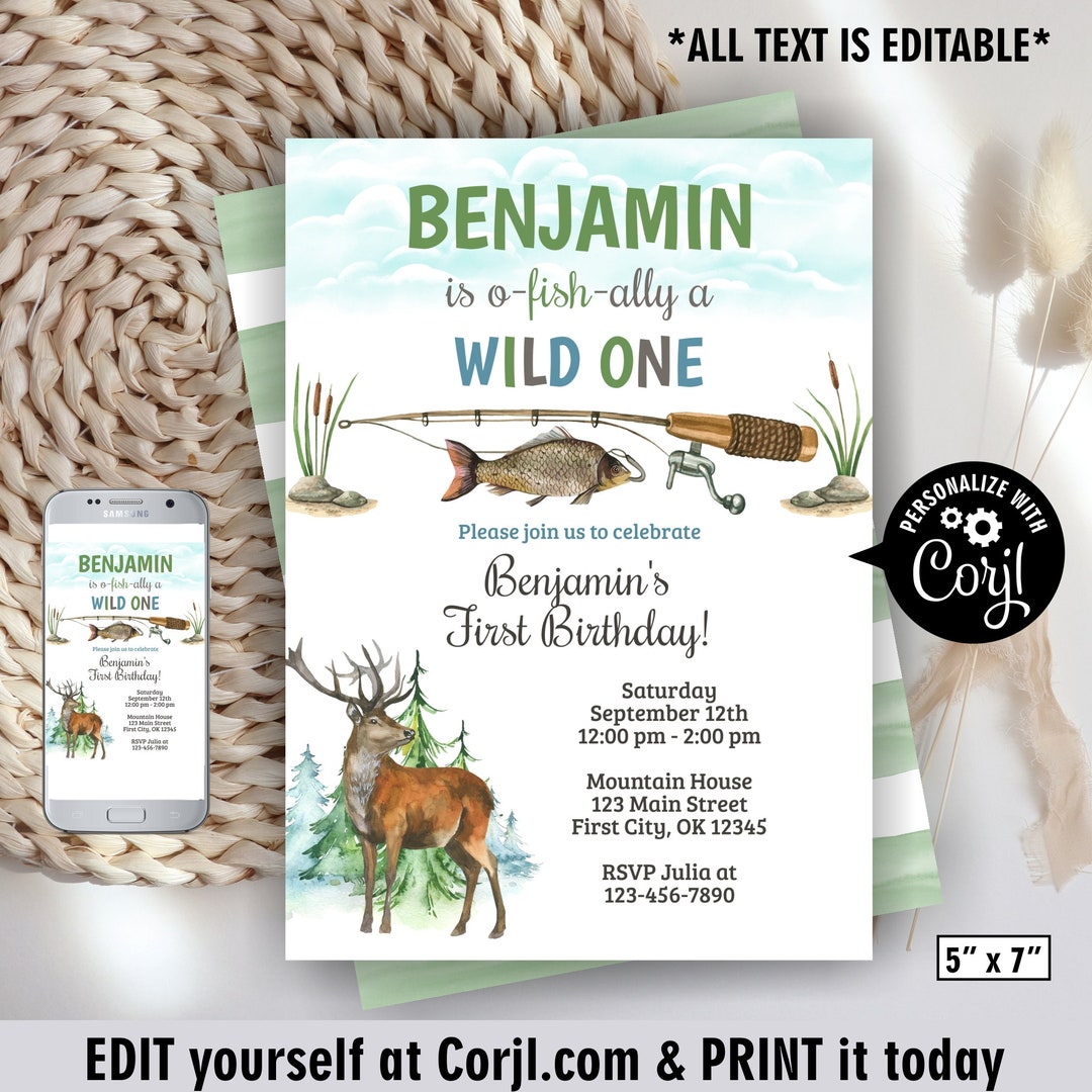 Hunting / Fishing / Birthday Invitation / Deer Fish / Forest Woodland ...