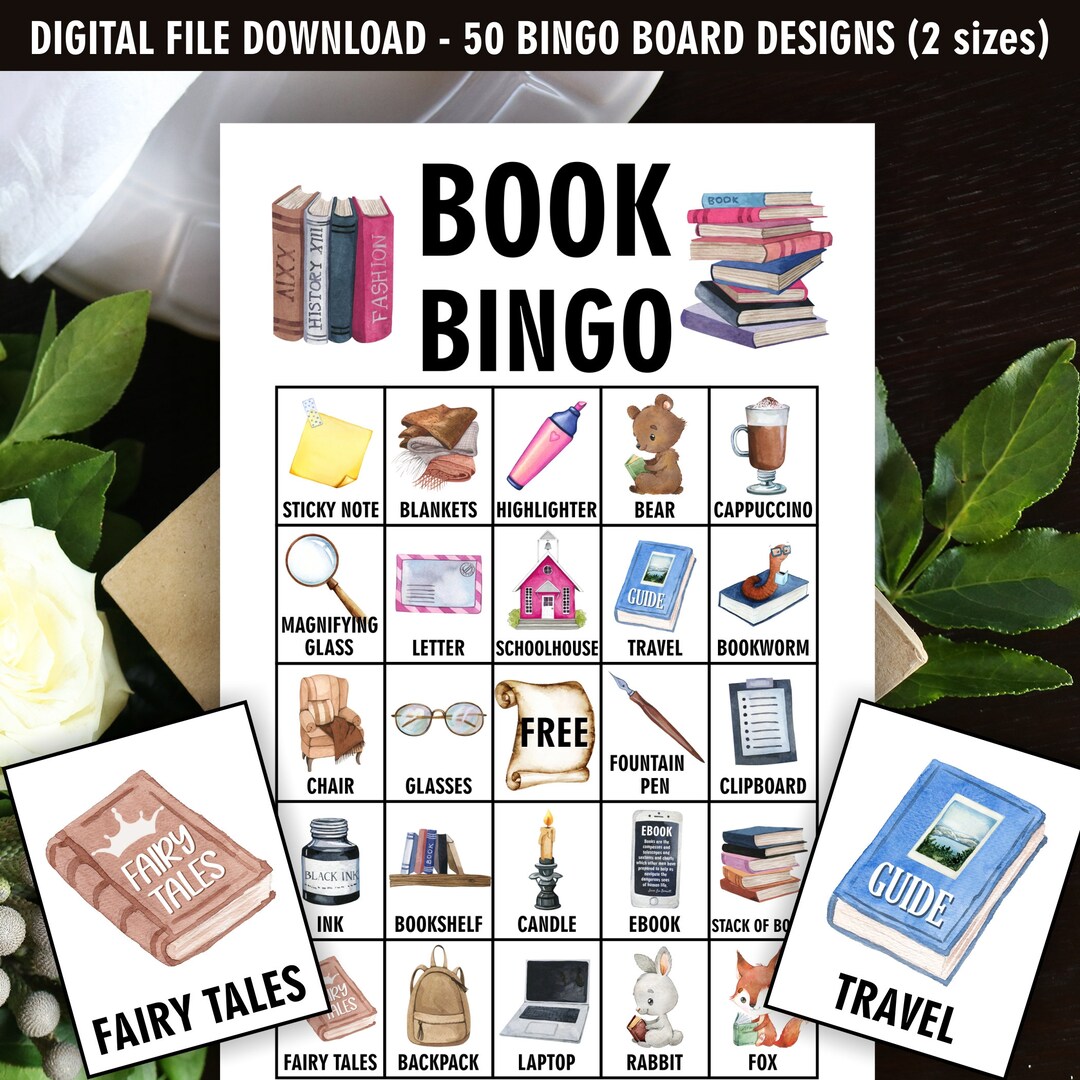 Book / Prefilled / 50 DIGITAL FILES Bingo Cards / Book Club / Birthday ...