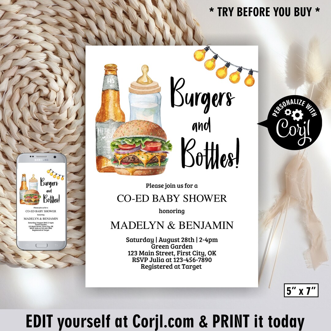 EDITABLE / Baby / Shower / Invitation / Burgers Beers and Bottles / Co ...