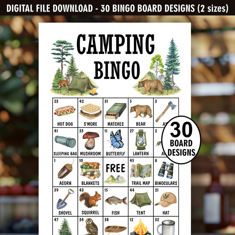 Camping Bingo / 30 DIGITAL FILES Bingo Boards Designs / Camping Game ...