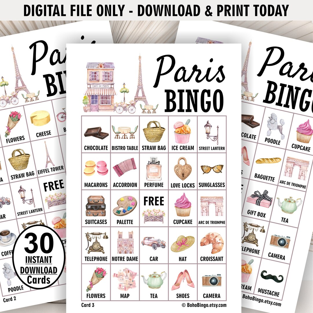 Prefilled / Paris / Eiffel Tower / Bingo / 30 Files / Bridal Shower ...