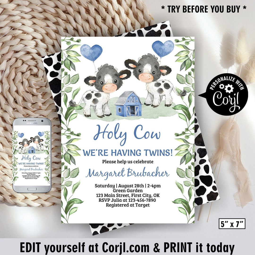 Cow / Baby Shower / Blue Barn / Boy / Invitation / Farm Animals ...