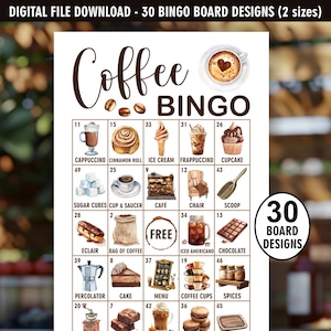 Coffee Game Bingo / Prefilled 30 DIGITAL FILES Boards Designs / Coffee ...