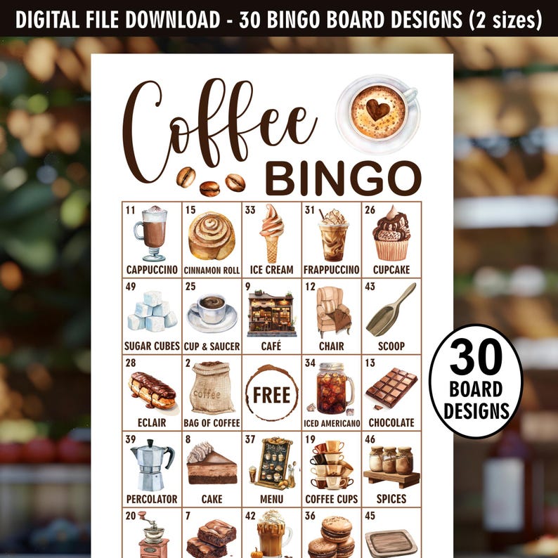 Coffee Game Bingo / Prefilled 30 DIGITAL FILES Boards Designs / Coffee ...