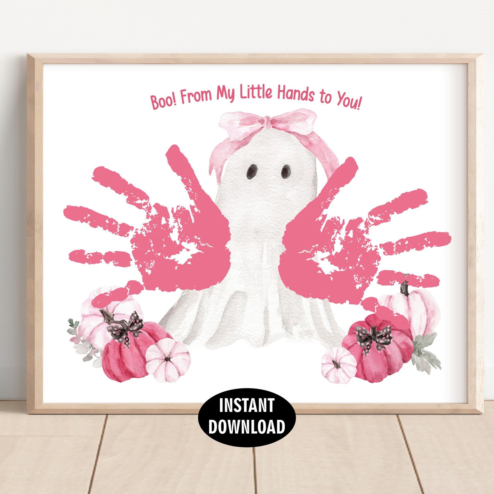 Pink Ghost Pumpkin Halloween Handprint / Girl / Bow / Pumpkins / Happy ...