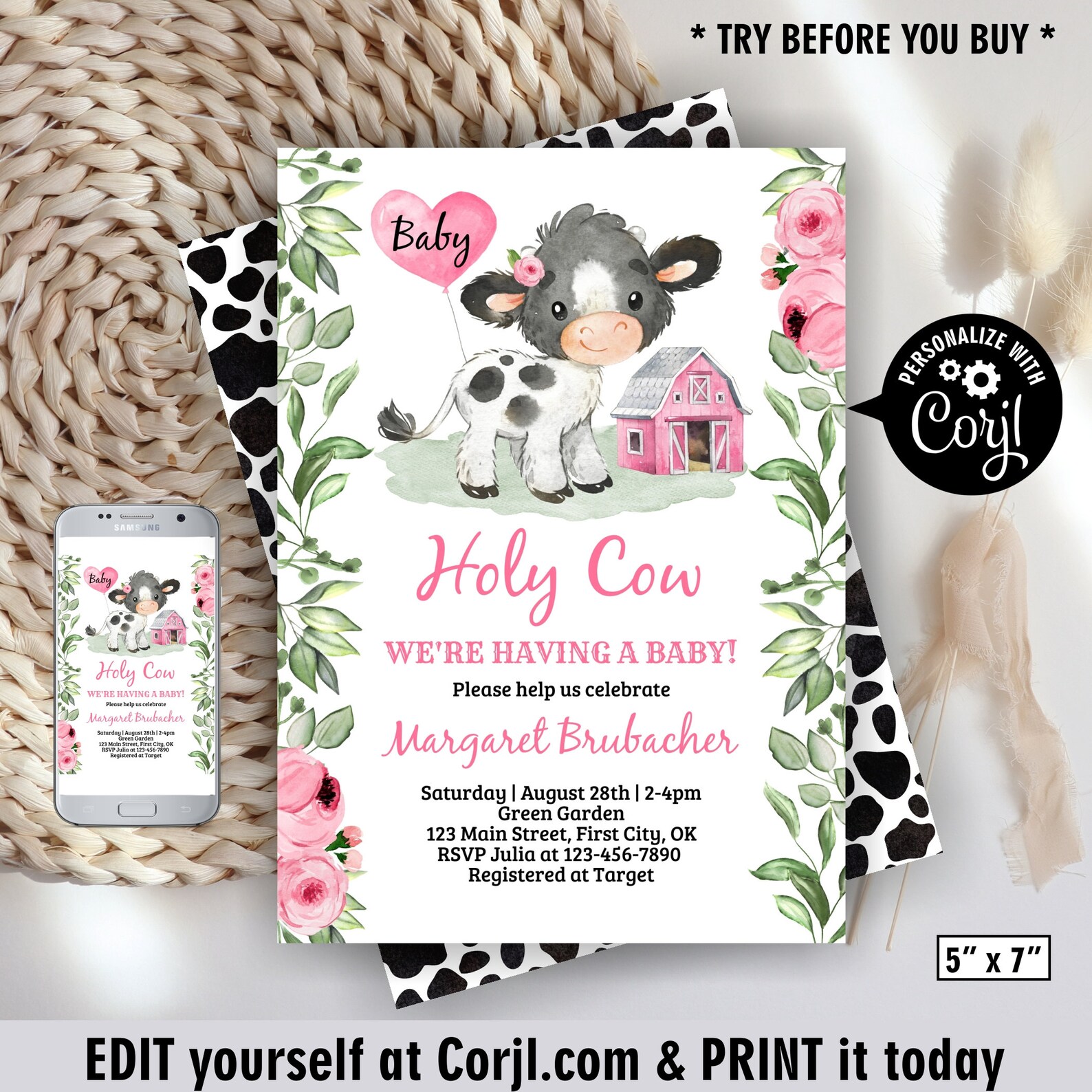 Cow / Invitation / Pink Flowers / Greenery / Floral / Cowgirl - Etsy
