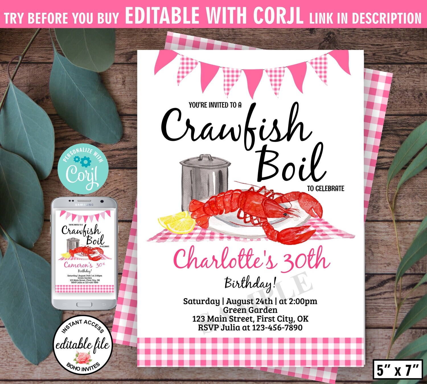 Pink / Girl / Crawfish Boil / Birthday / Instant Access / Invitation ...