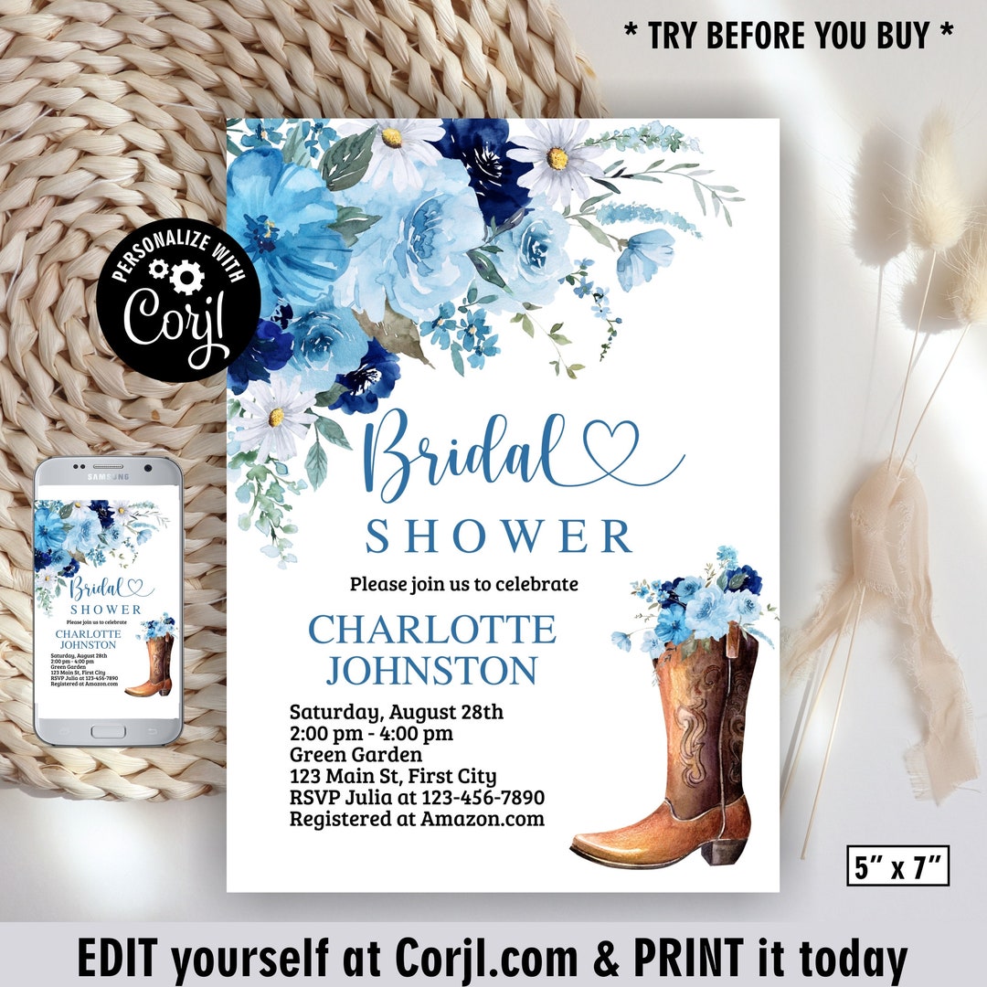 Cowgirl / Blue Floral / Boots / Bridal Shower Invitation / Bridal ...