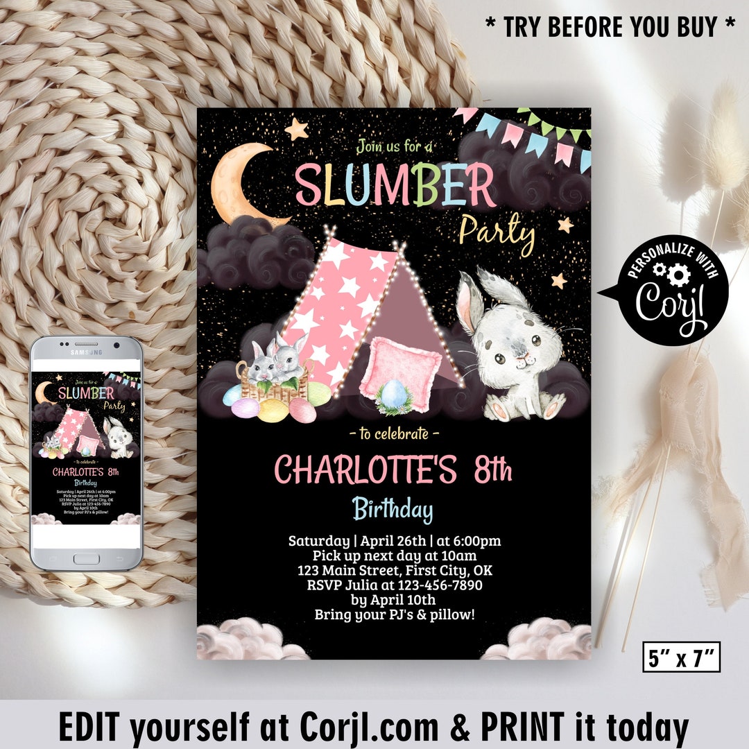 Bunny / Birthday Invitation / Rabbit / Pink Teal / Girl / Sleepover ...