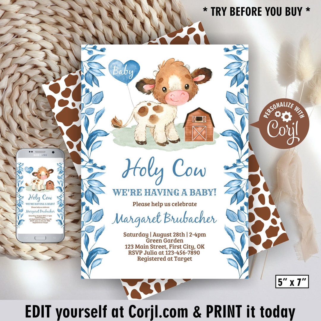 Cow / Baby Shower / Invitation / Blue / Boy / Farm Animals / Holy Cow ...
