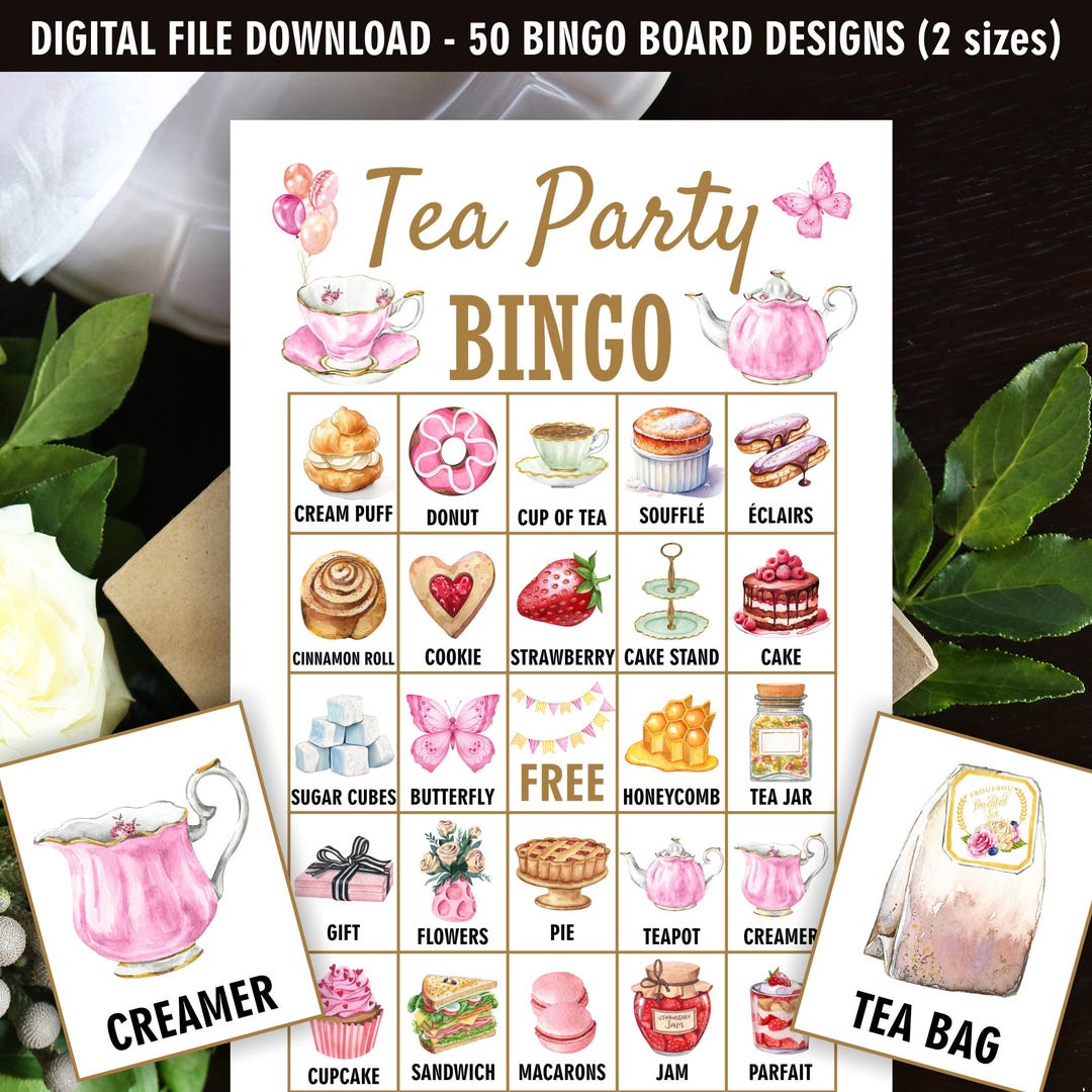 Tea / Prefilled / 50 DIGITAL FILES Bingo Boards Designs / Birthday ...