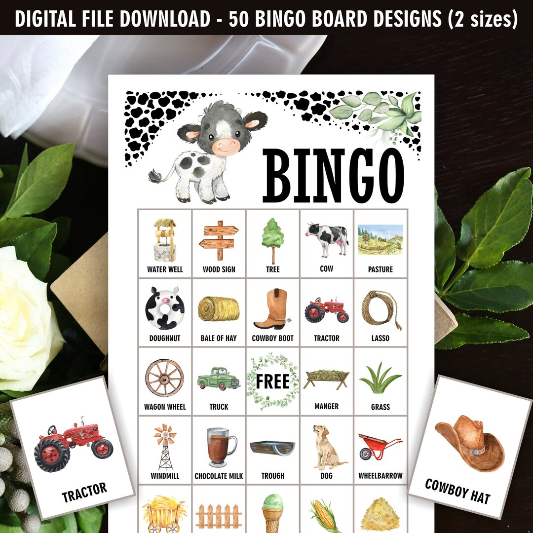 Prefilled / Cow / Bingo Cards / 50 Files / Farm Animals / Birthday Baby ...